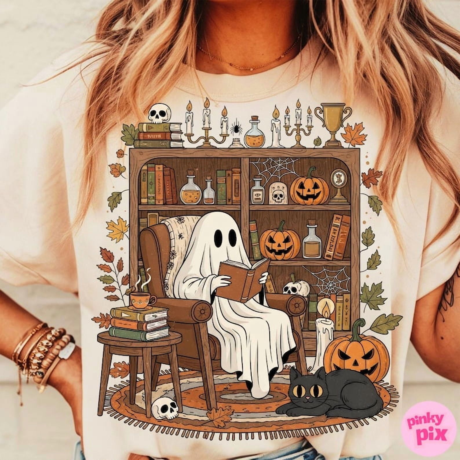 Retro Cozy Ghost Reading Halloween Png, Book Lover Ghost Sublimation ...