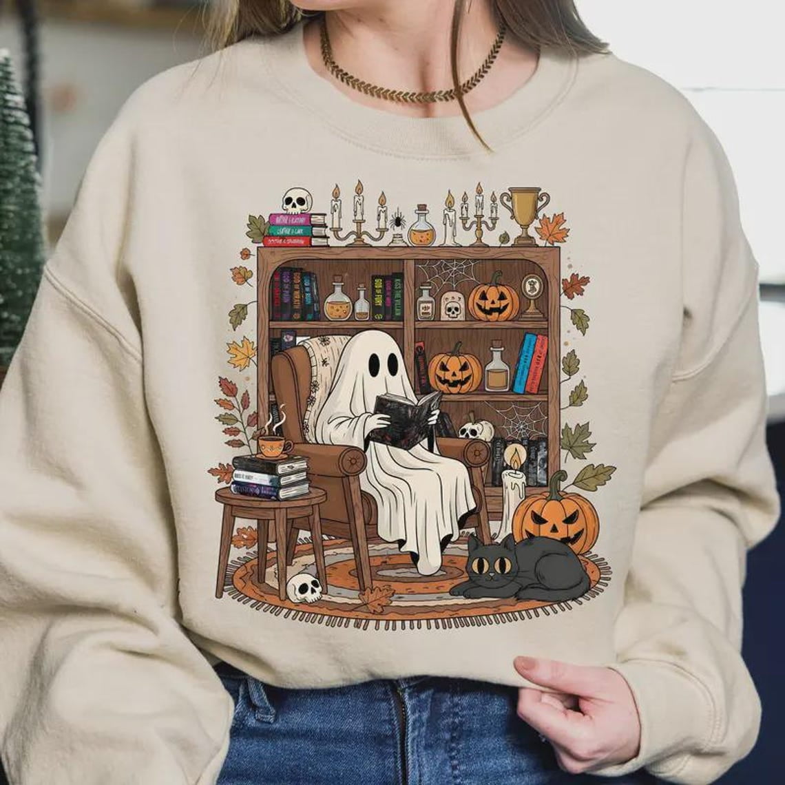 Retro Cozy Ghost Reading Halloween TShirt, Haunting Adeline, Fall ...
