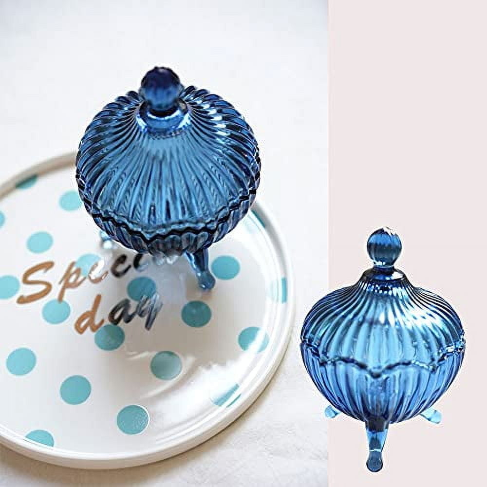 Retro Crystal Blue Glass Candy Jar with Lid Food Storage Jar Sugar Bowl ...