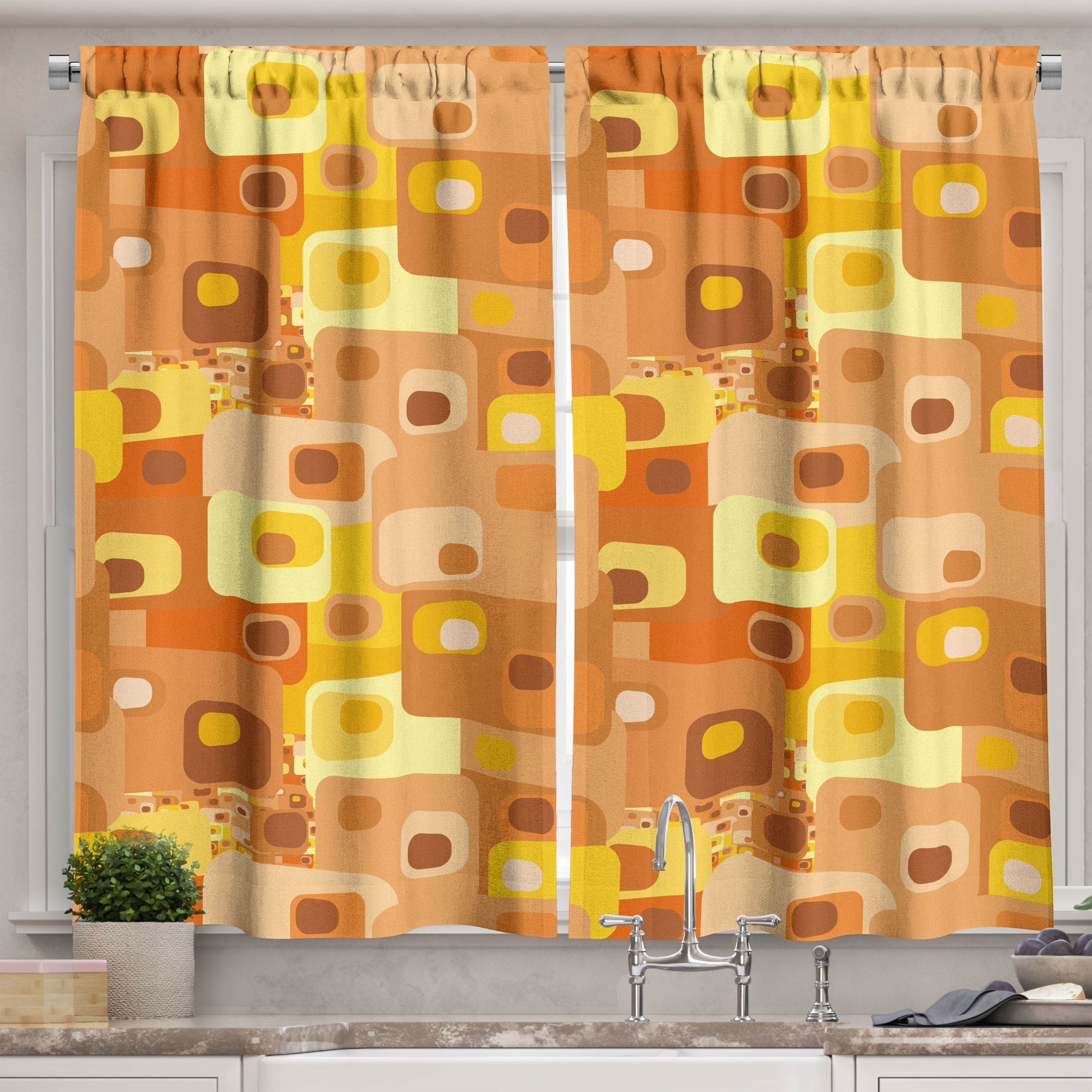 Retro Curtains 2 Panels Set, Abstract Square Pattern Rounded Funky ...