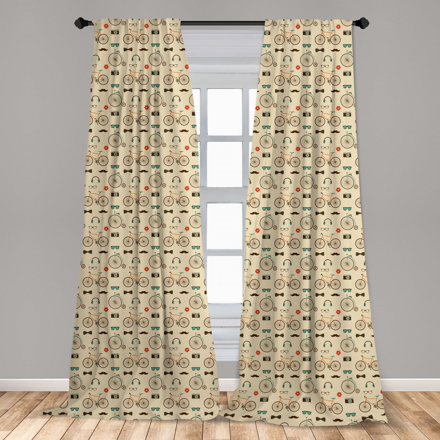 Retro Curtains 2 Panels Set, Hipster Style Pattern with Old Fashioned ...
