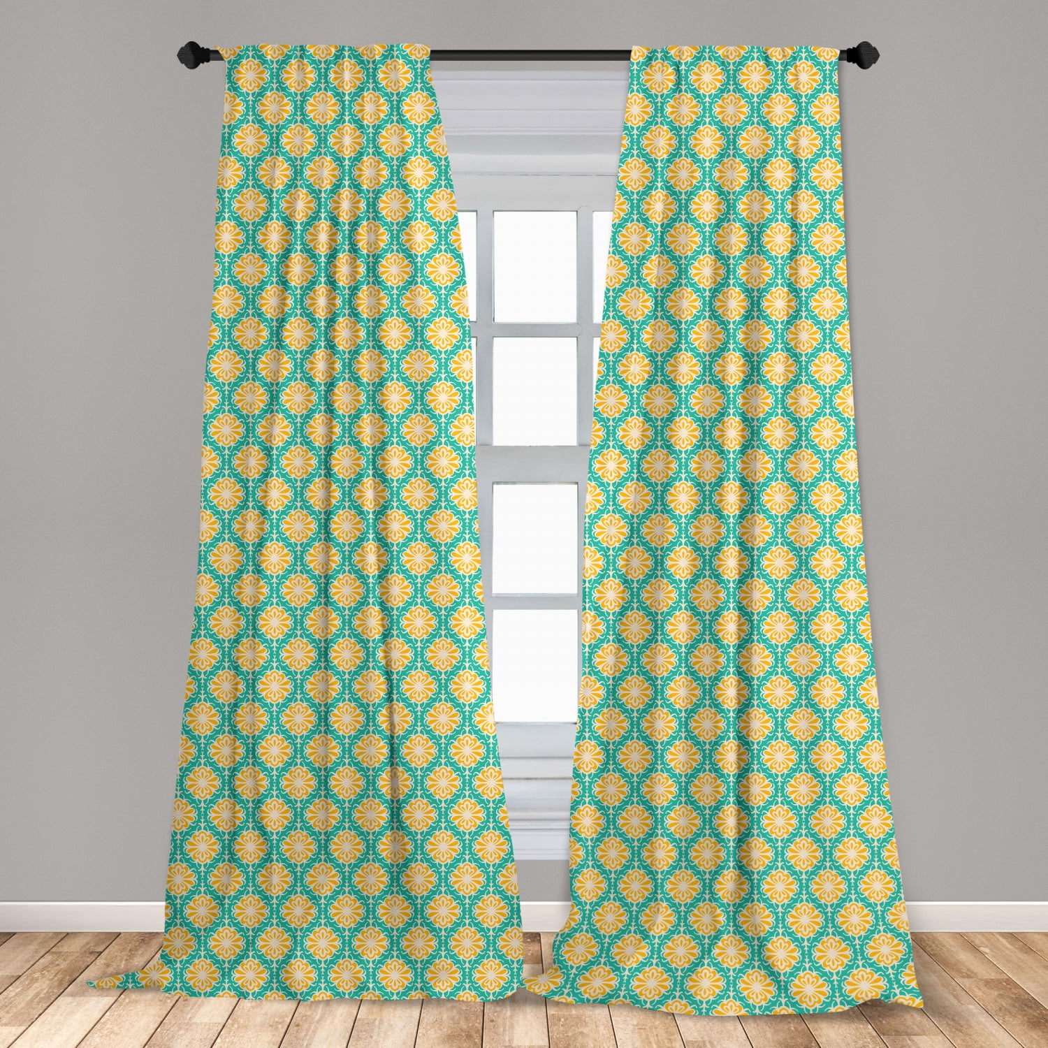 Ambesonne Retro Curtains, Floral Tile Art Motifs, Pair of 28"x63", Sea ...