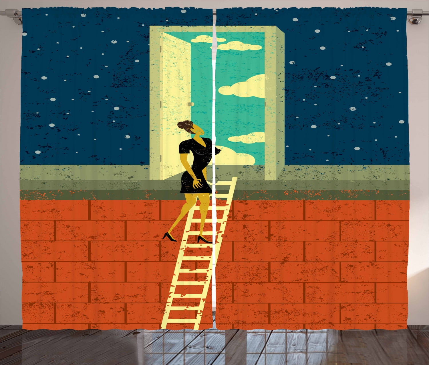 Ambesonne Retro Curtains 2 Panel Set, Woman on Ladder, 108" x 96 ...