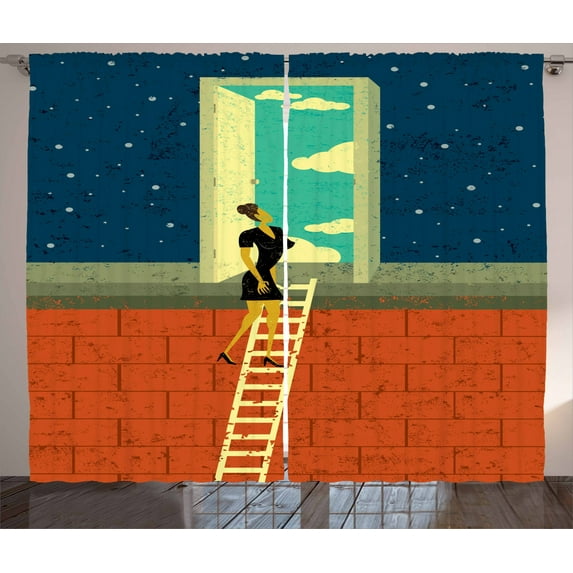 Ambesonne Retro Curtains 2 Panel Set, Woman on Ladder, 108" x 96 ...
