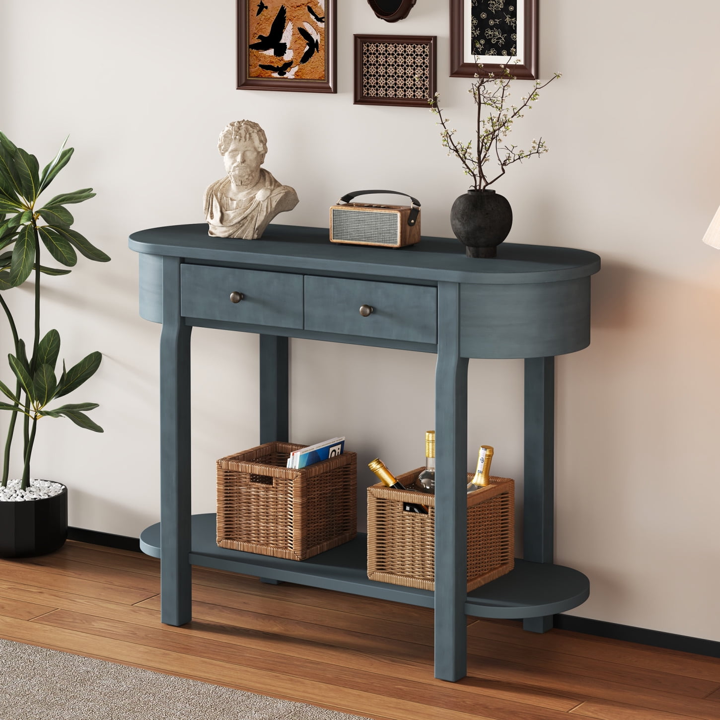 Retro Curved Console Table, 40" Long Narrow Sofa Table with Open Shelf ...