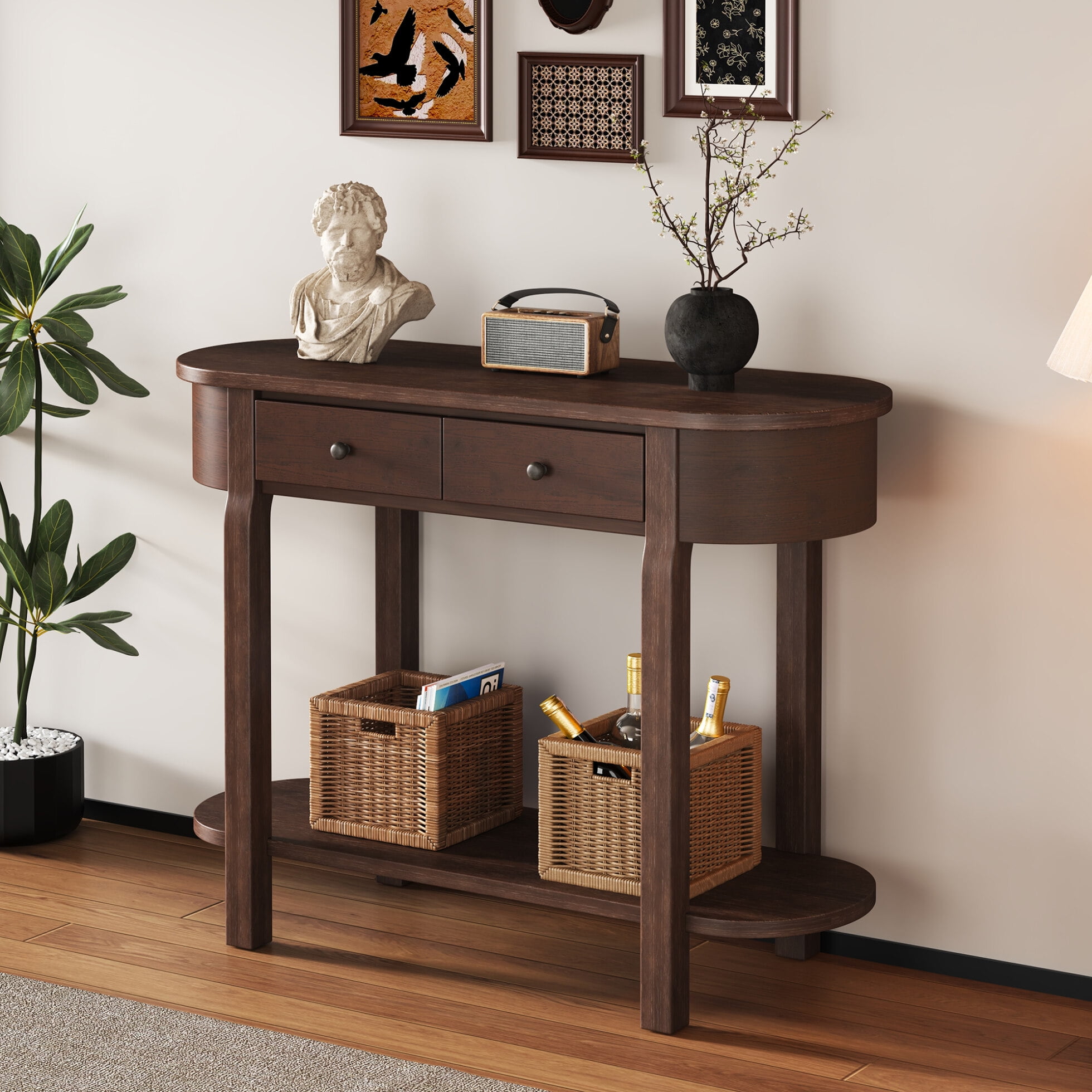 Retro Curved Console Table with Open Style Shelf and 2 Top Drawers, 40 ...