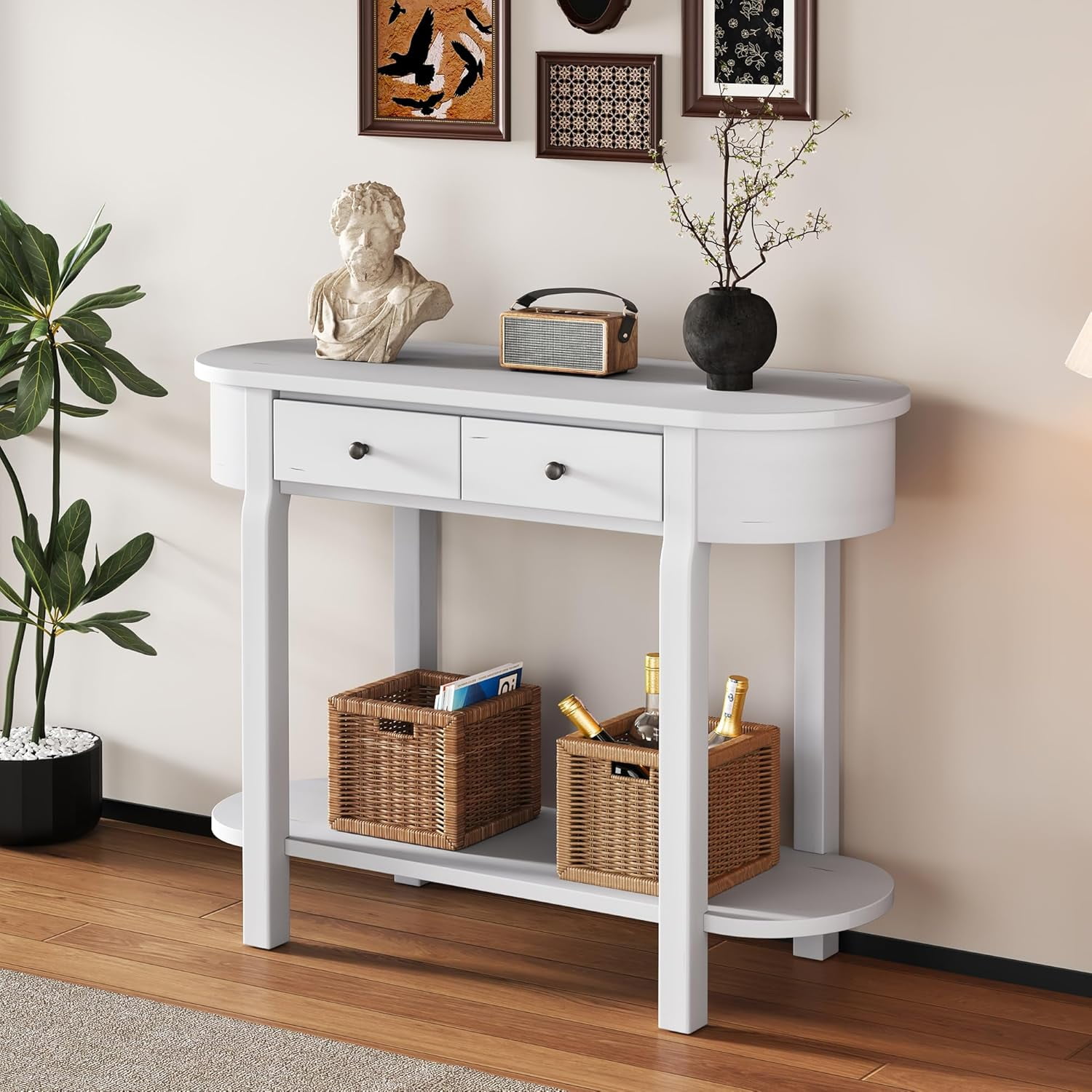 Retro Curved Console Table with Storage Drawers for Entryway, 2 Tier ...