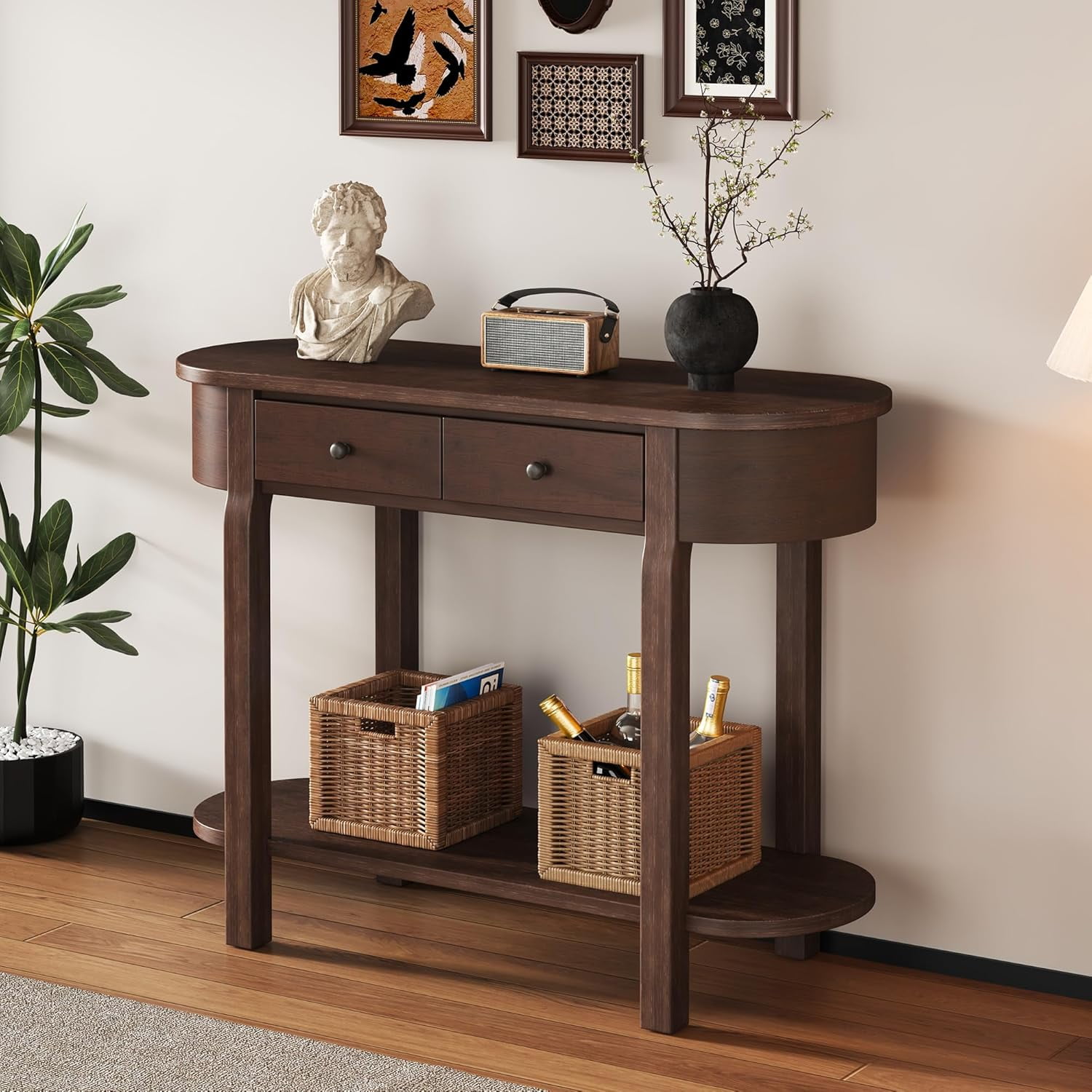 Retro Curved Console Table with Storage Drawers for Entryway, 2 Tier ...