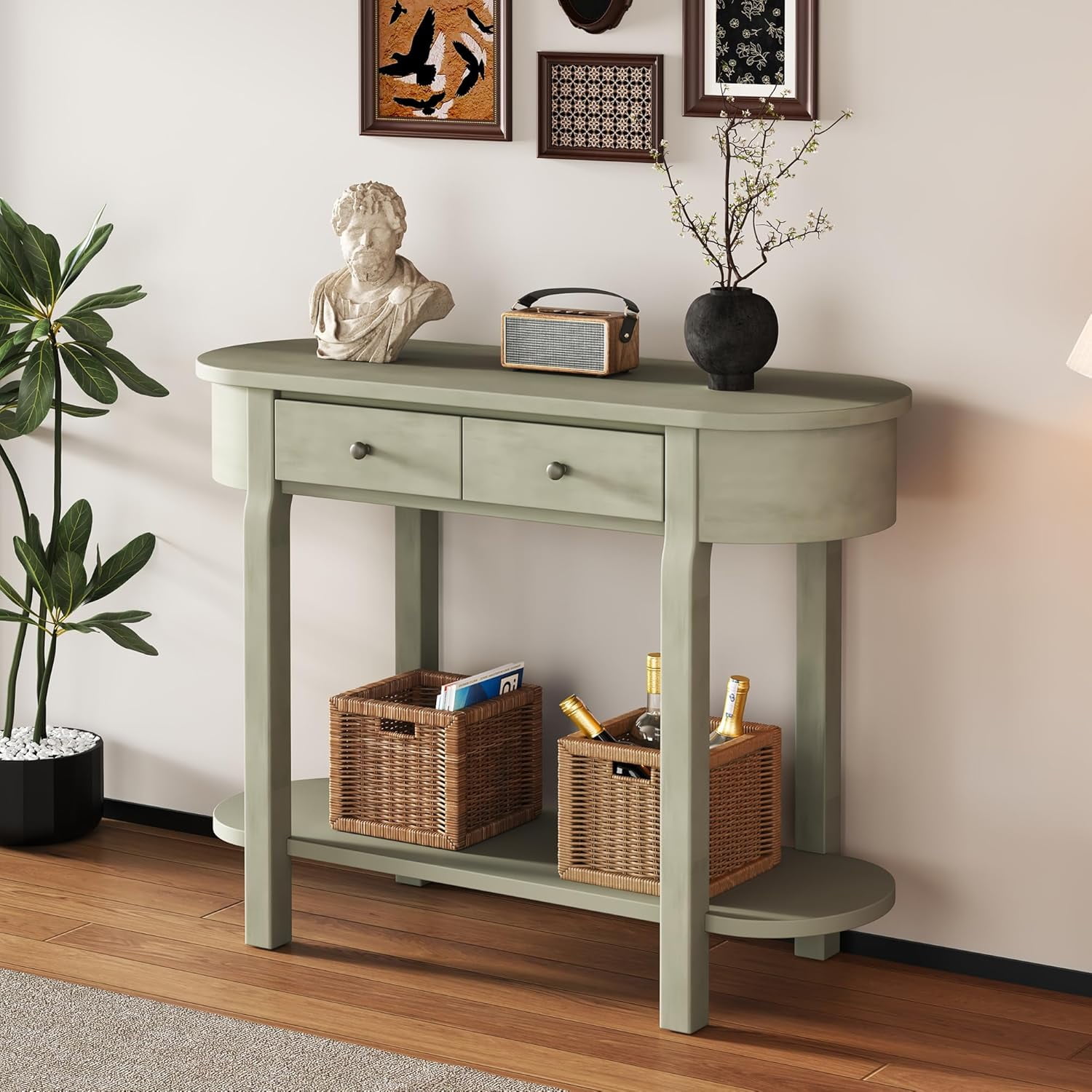 Retro Curved Console Table with Storage Drawers for Entryway, 2 Tier ...