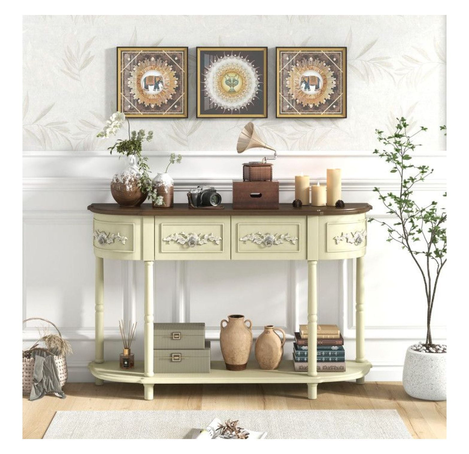 Retro Curved Console Table with Drawers, Solid Wood Legs - Beige ...