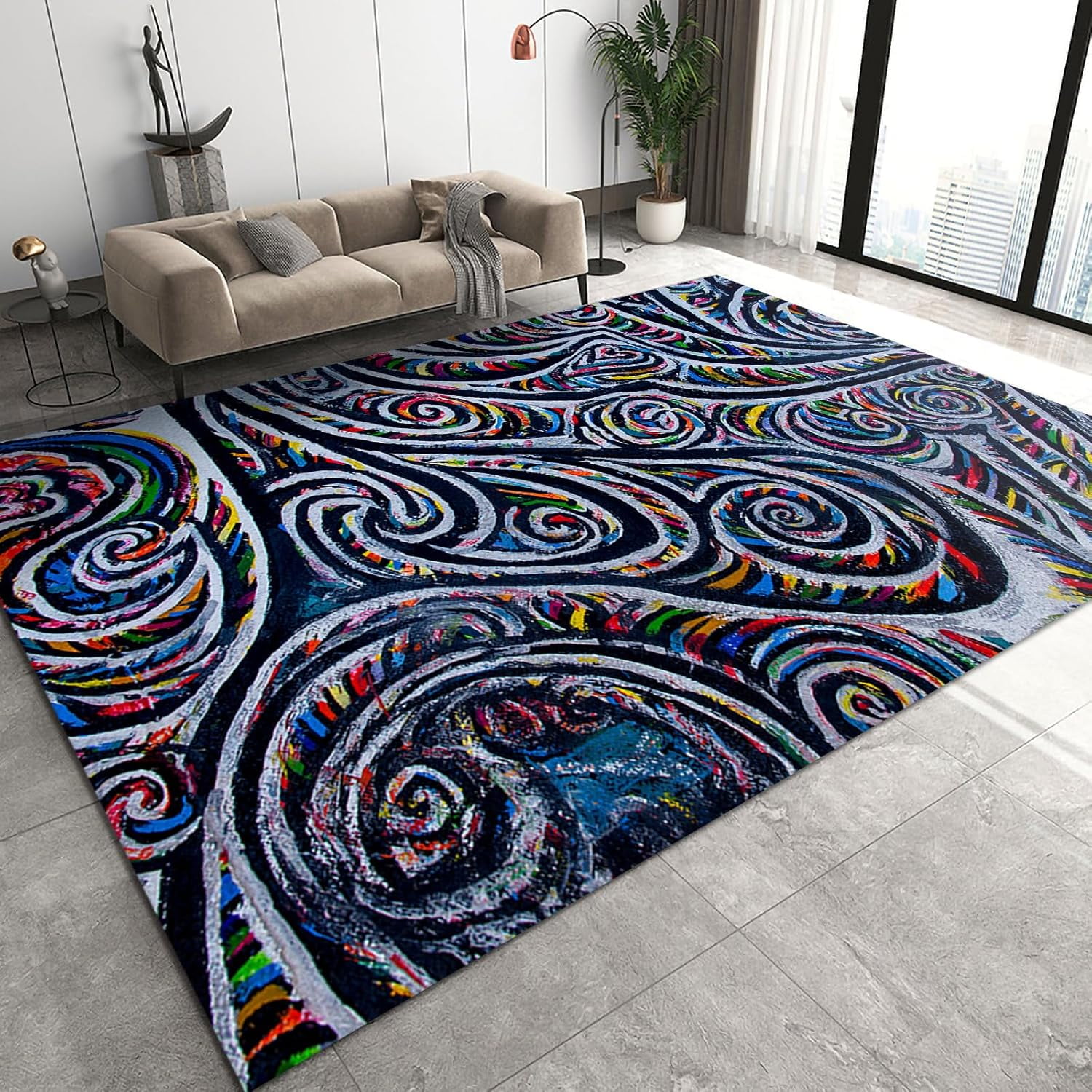Retro Curved Swirl Doodle Area Rugs, Watercolor Abstract Line Drawing ...