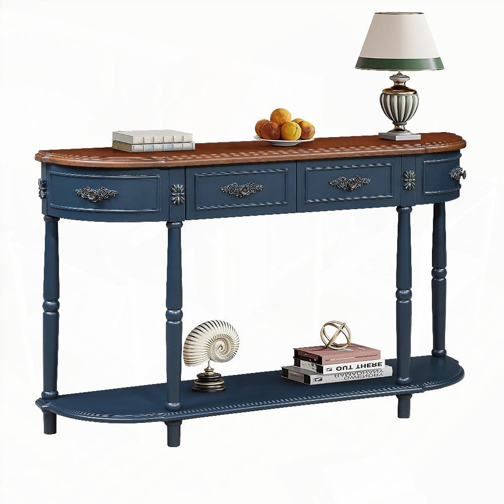 Retro Curved Wood Console Table with 2 Real Drawers & Open Shelf, 52 ...