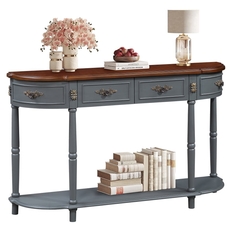Retro Curved Wood Console Table, 52 inch Circular Half Moon Sofa Table ...