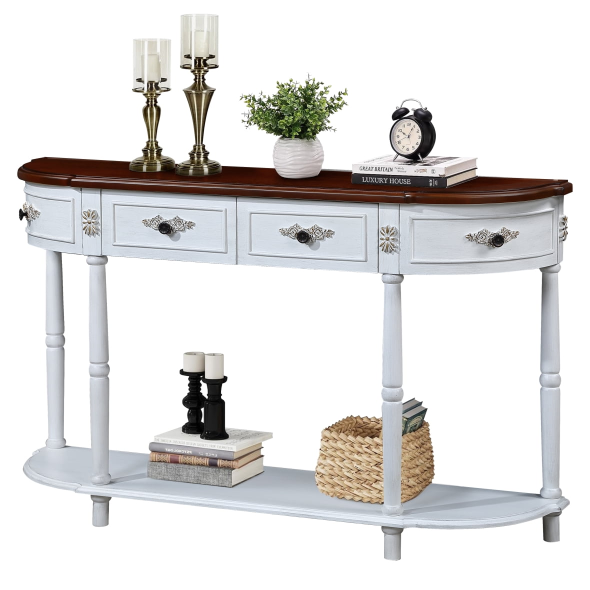 Retro Curved Wood Console Table, 52 inch Circular Half Moon Sofa Table ...