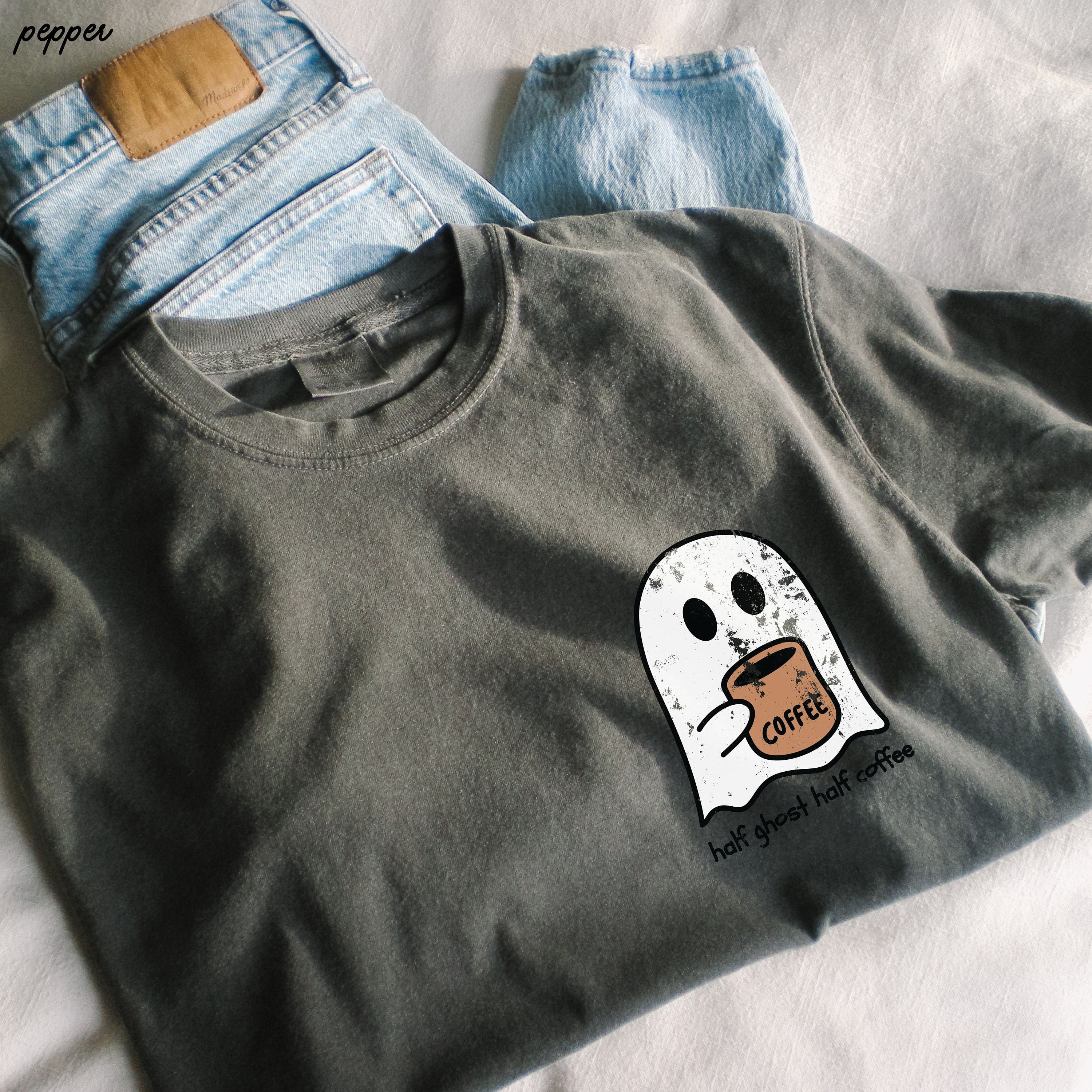 Retro Cute Spooky Coffee Shirt, Half Ghost Half Coffee Pocket Tee ...