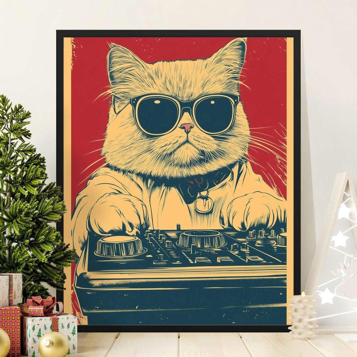 Retro DJ Cat Art Print Wall Decor, Cool Cat Illustration, Funky Cat ...