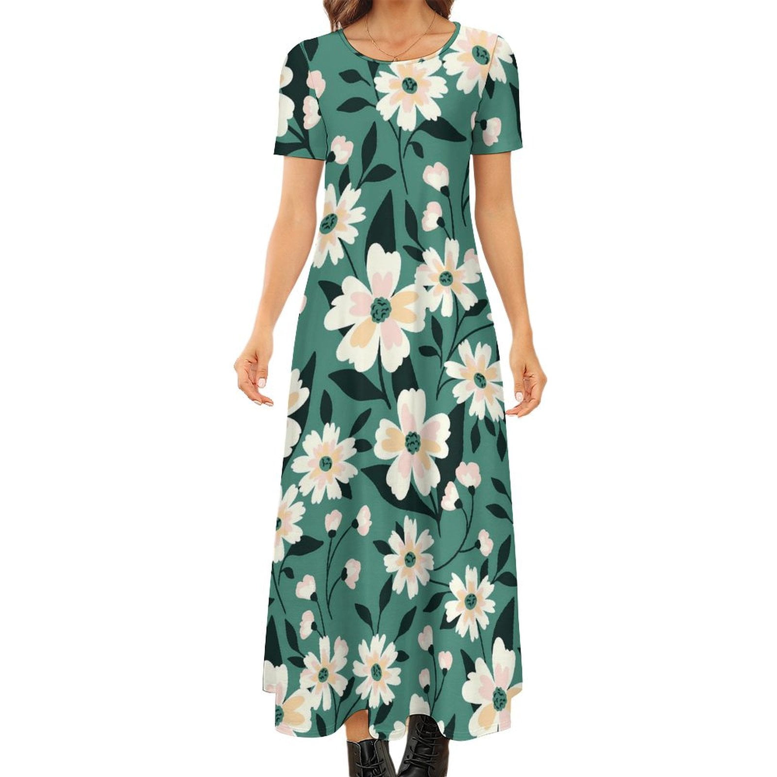 Retro Daisies Dress White Floral Print Vintage Maxi Dress Short Sleeve ...