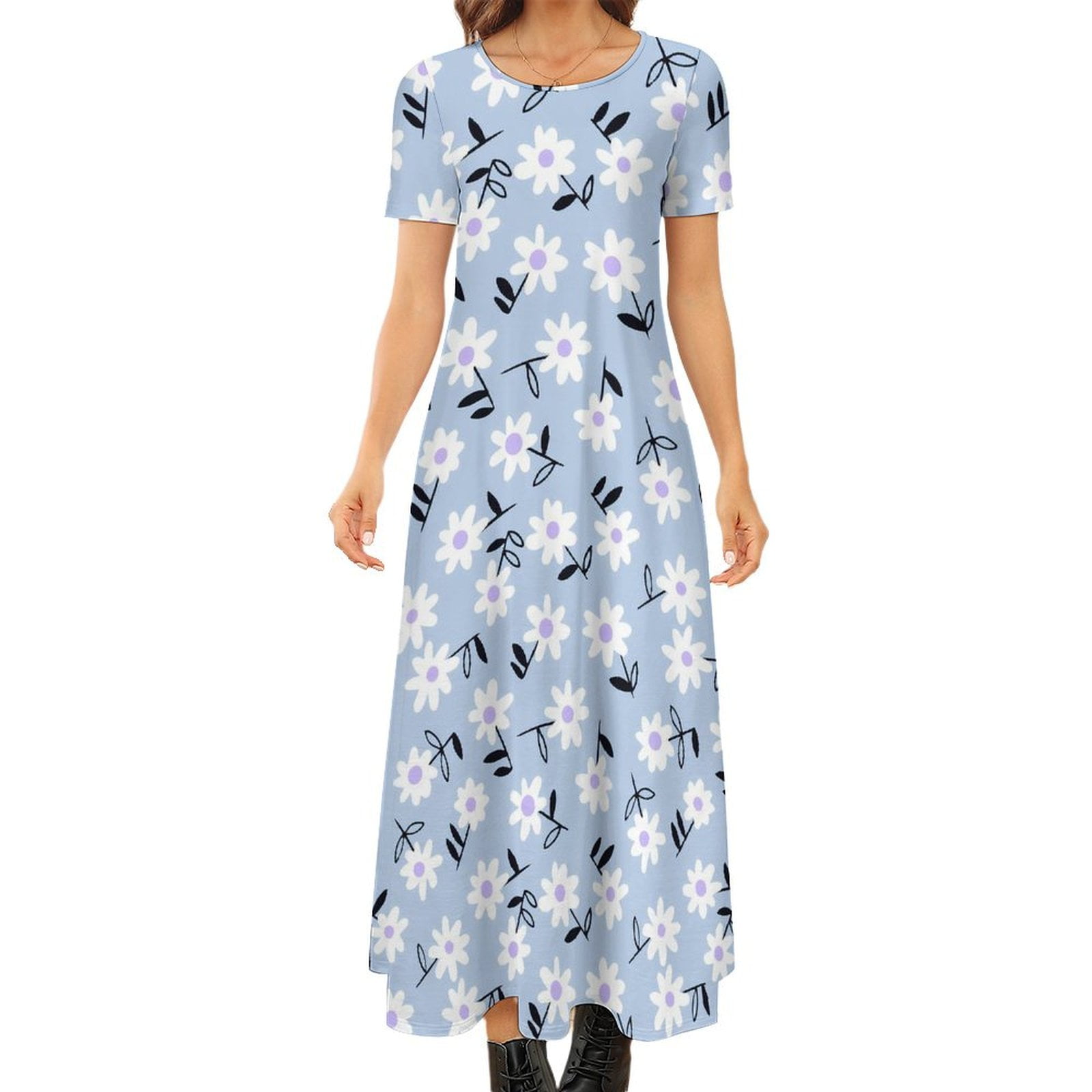 Retro Daisies Dress White Floral Print Vintage Maxi Dress Short Sleeve ...