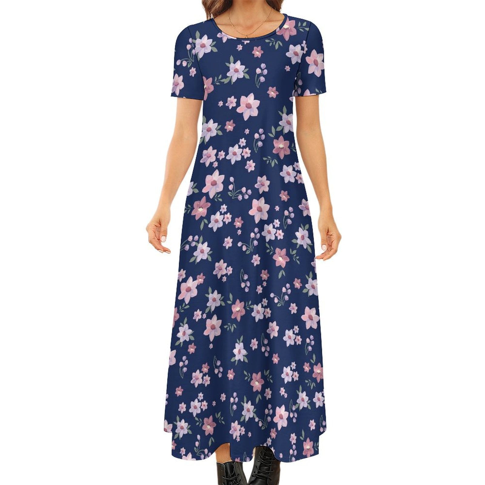 Retro Daisies Dress White Floral Print Vintage Maxi Dress Short Sleeve ...