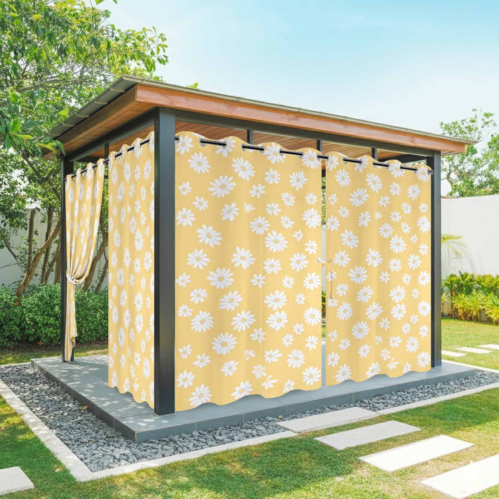 Retro Daisy Outdoor Curtains for Patio Waterproof, White Floral Yellow ...
