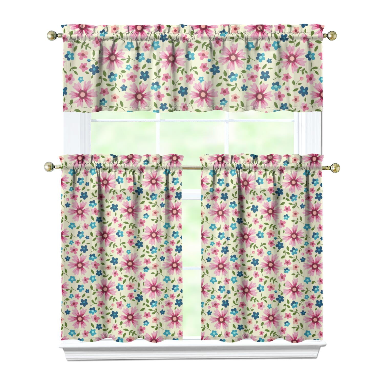 Retro Daisy Print Kitchen Curtains Set - 3 PC Vintage Floral Window ...