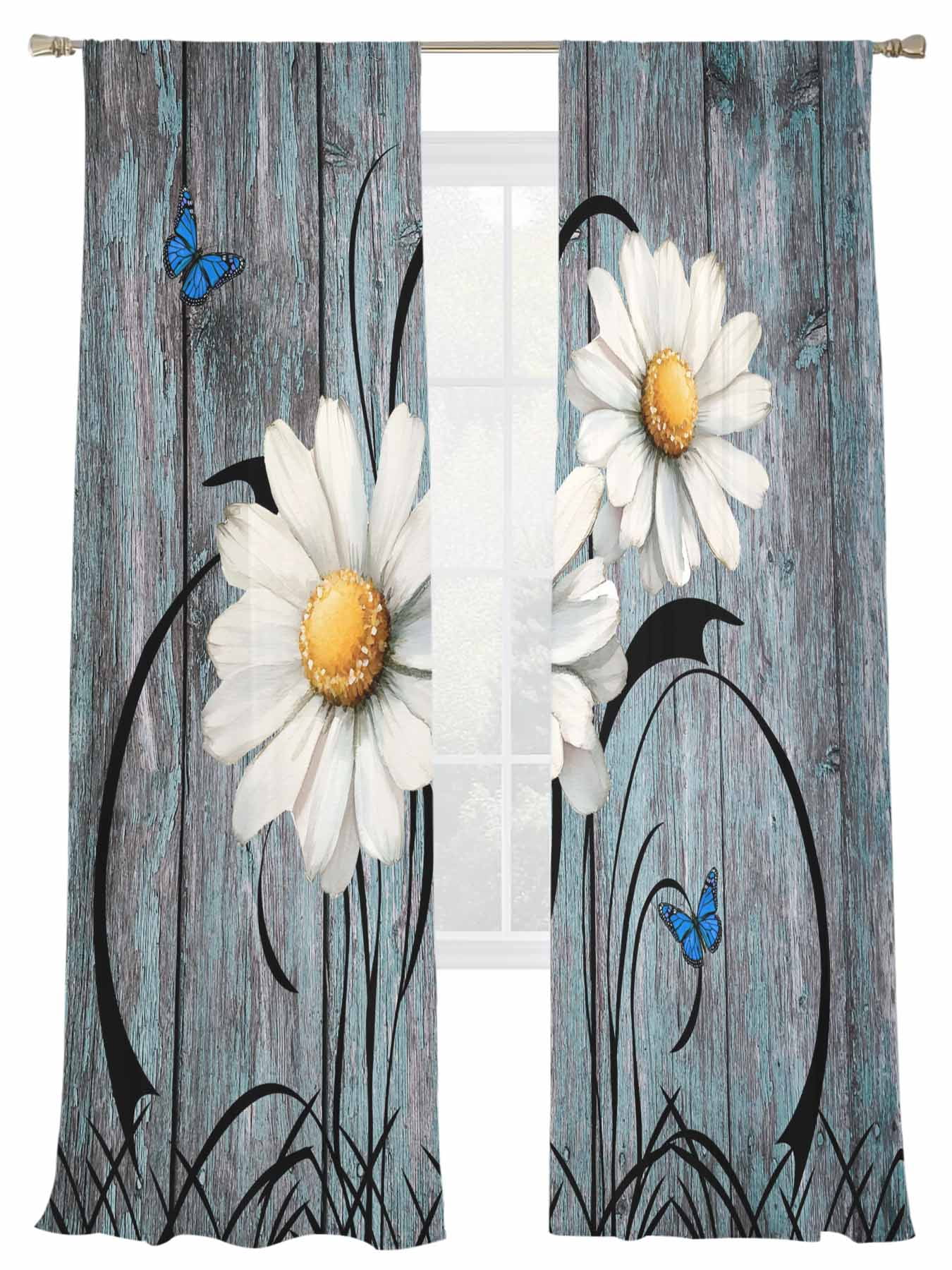 Retro Daisy Sheer Curtains 108 Inch Length 2 Panels Set, Semi ...