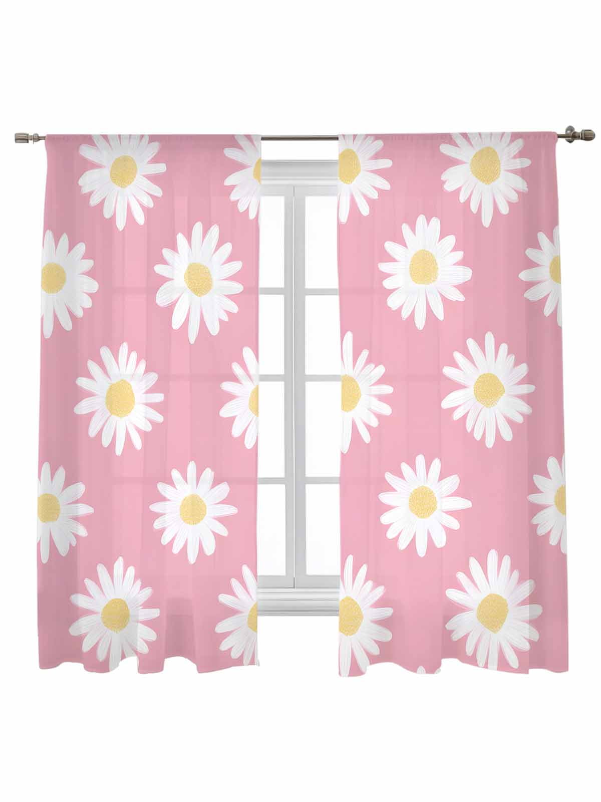 Retro Daisy Sheer Curtains 2 Panels Set White Floral Pink Backdrop Lihgt Filtering Rod Pocket ...