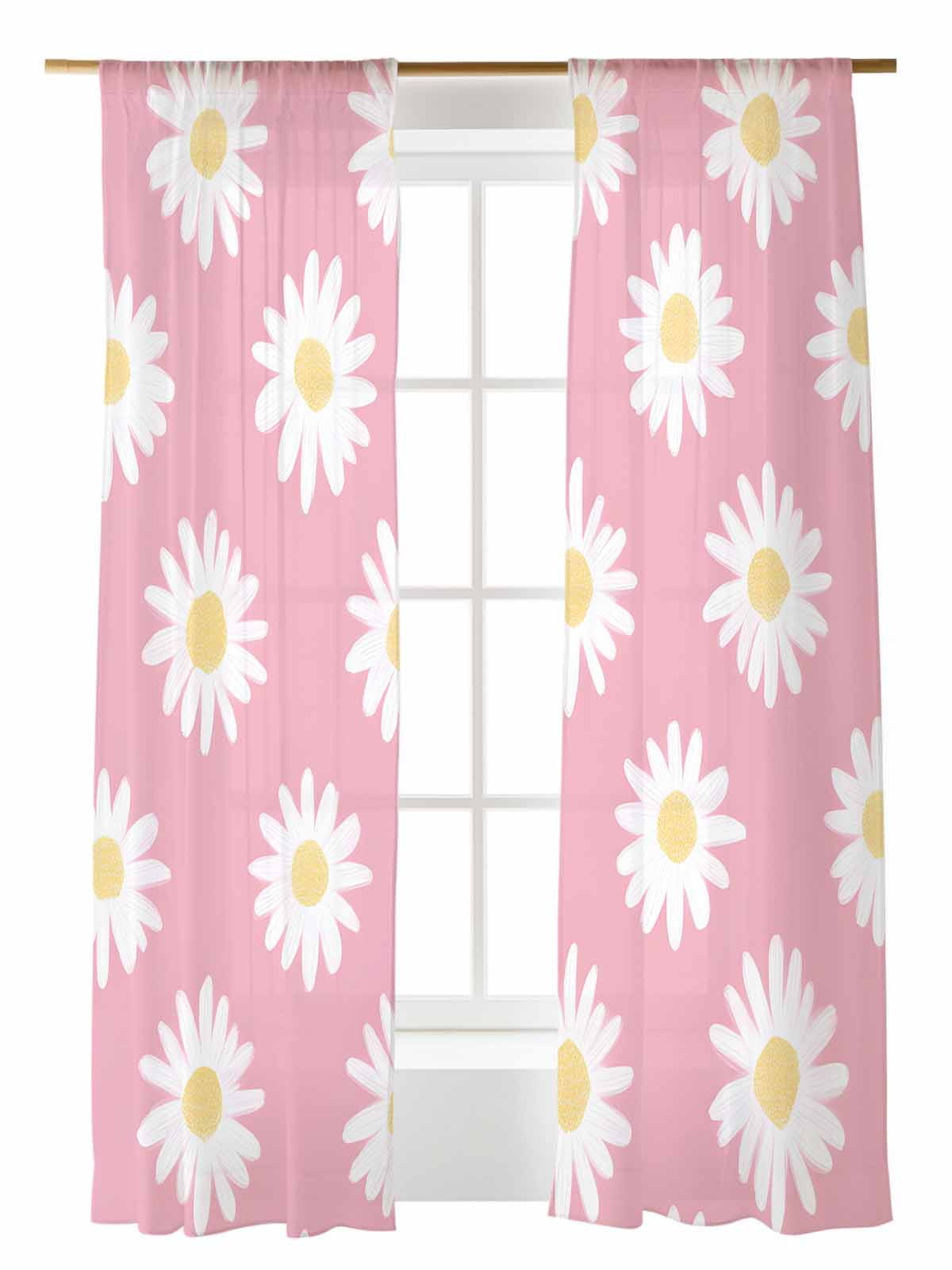 Retro Daisy Sheer Curtains 2 Panels Set White Floral Pink Backdrop Lihgt Filtering Rod Pocket ...