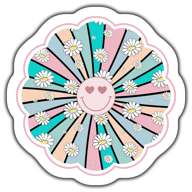 Retro Daisy Smiley Face Sticker, Colorful Flower Power Sticker, Vintage ...