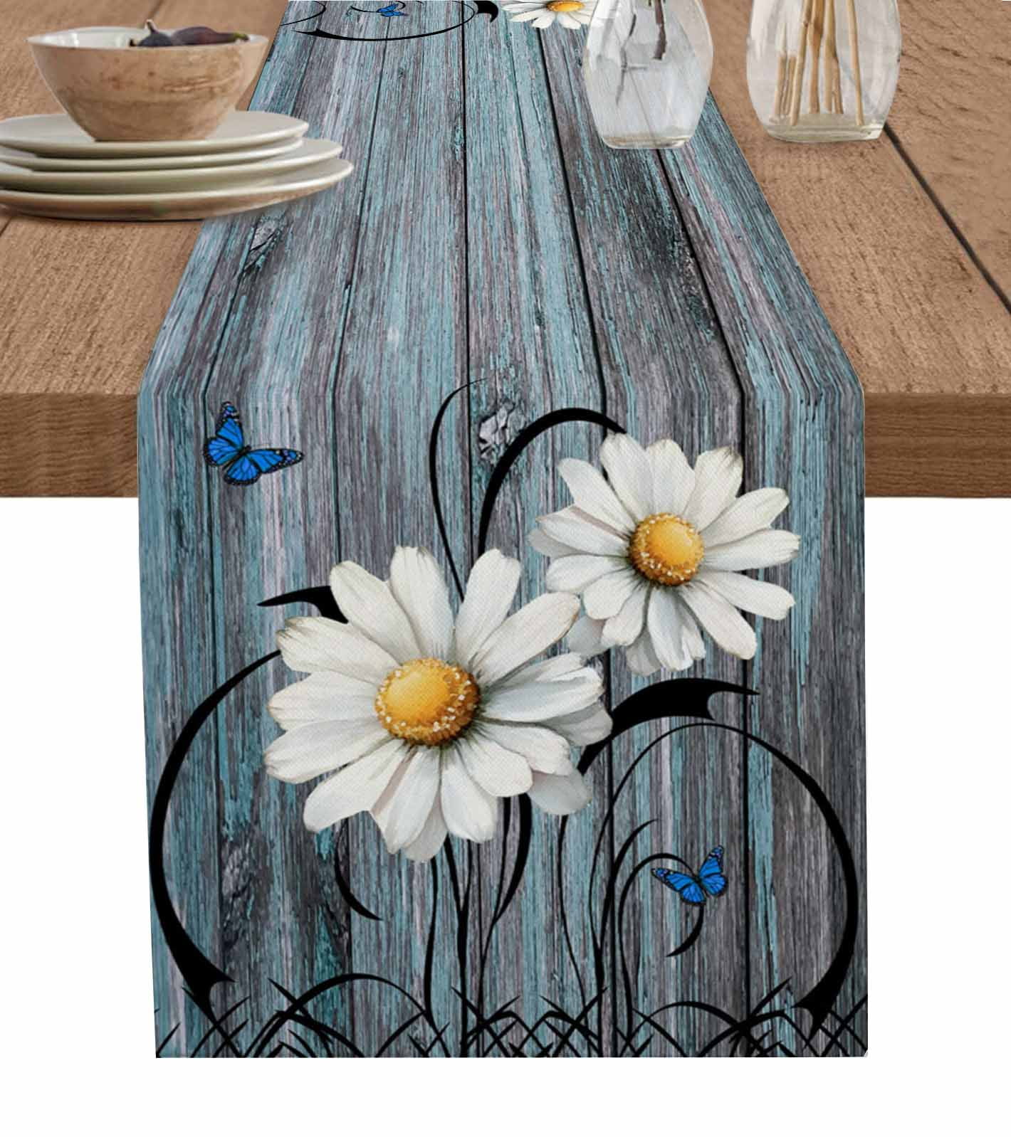 Retro Daisy Table Runner Country Botanical Floral Butterfly Wooden ...