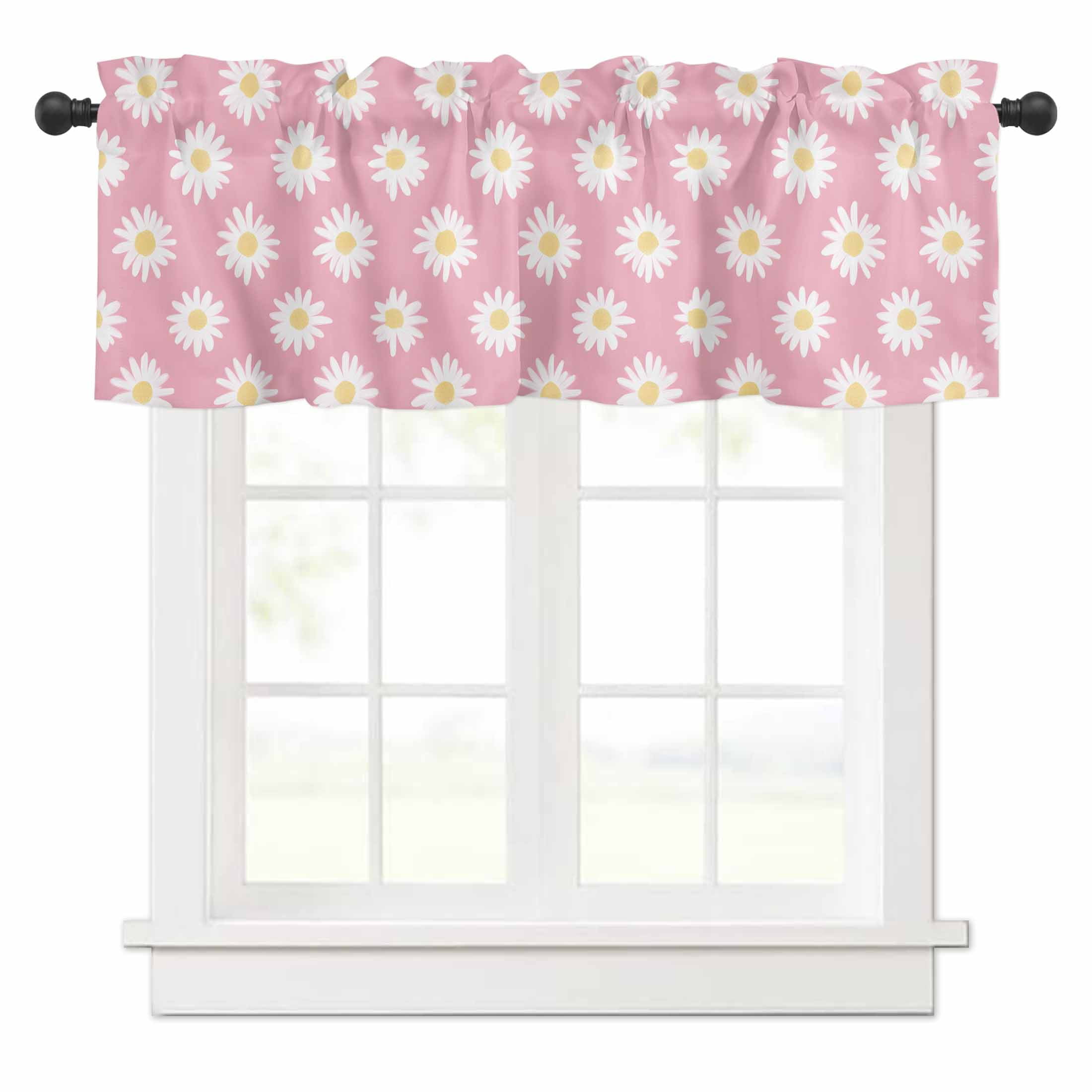 Retro Daisy Valances for Windows White Floral Pink Backdrop Rod Pocket ...