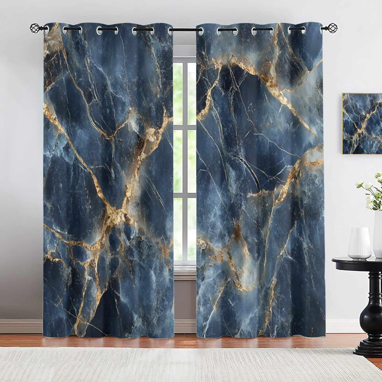 Retro Dark Blue Living Room Curtains Blue Marble Window Drapes, Crack ...