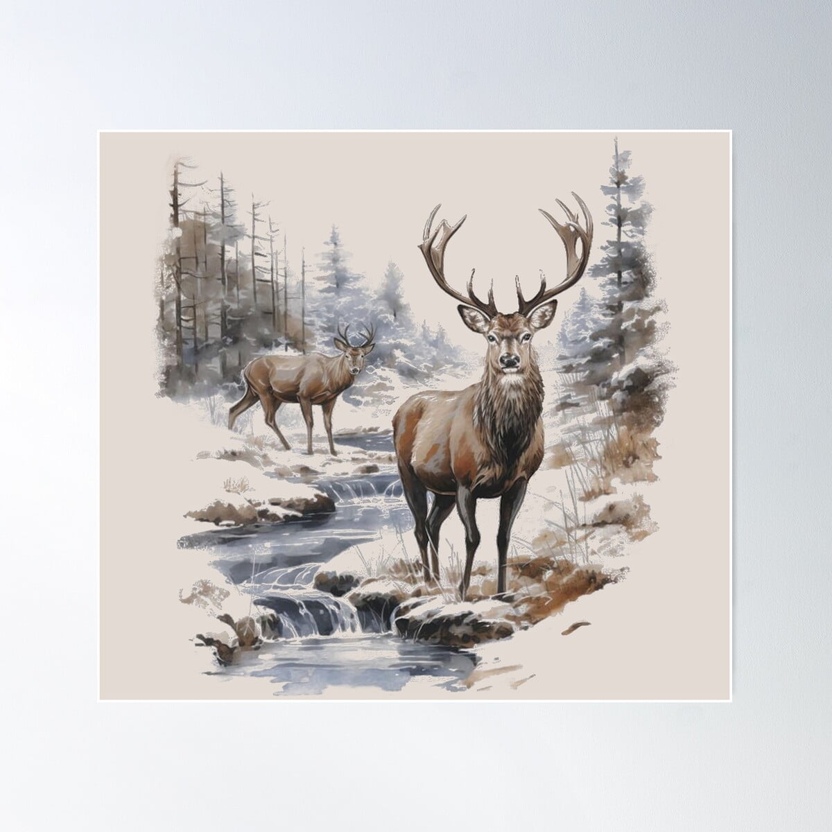 Retro Deer Wilderness Scene- Nineties Vintage Buck And Doe Deer Poster ...