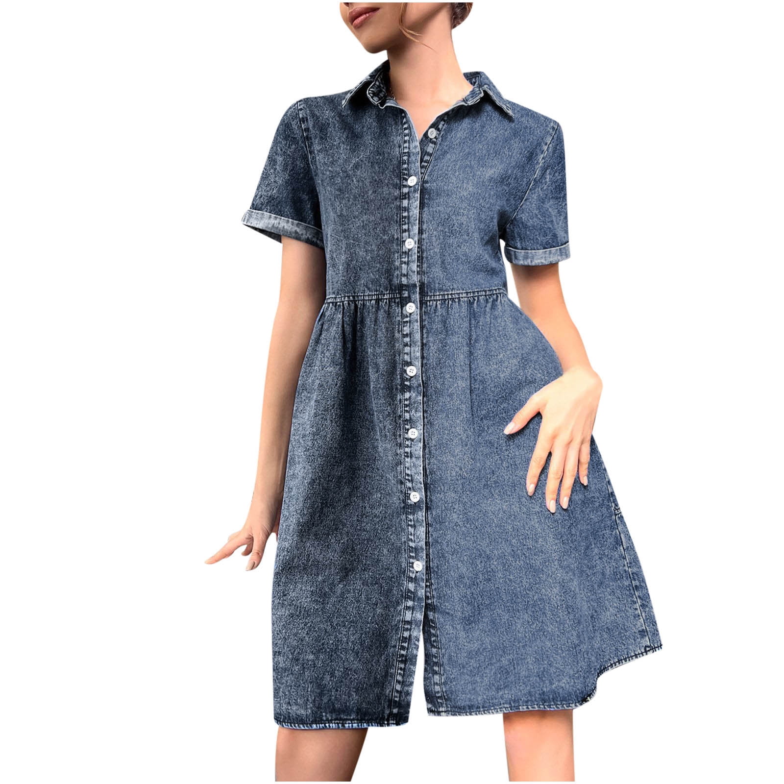 Retro Denim Short Dress for Women Lapel Fold Sleeves Button Down ...