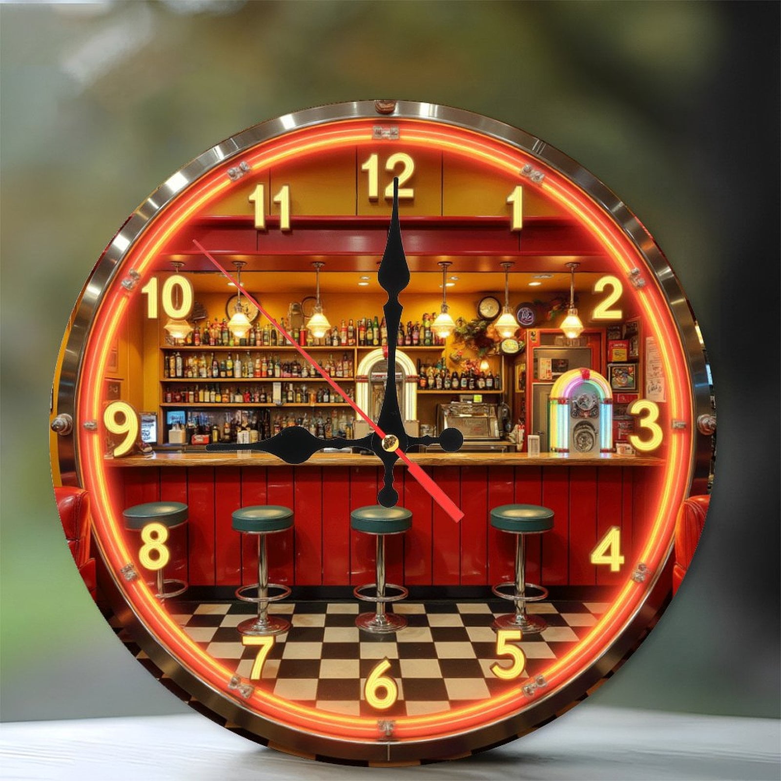 Retro Diner Clock Wall Clock Neon Bar Decor 10-Inch Silent Wooden Wall ...