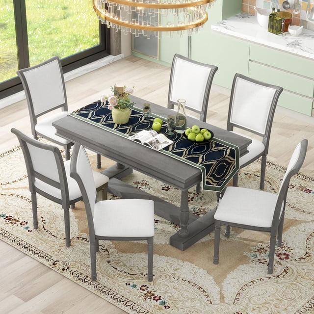 Retro Dining Table Set with 4 Trestle Base and 6 Upholstered Chairs ...