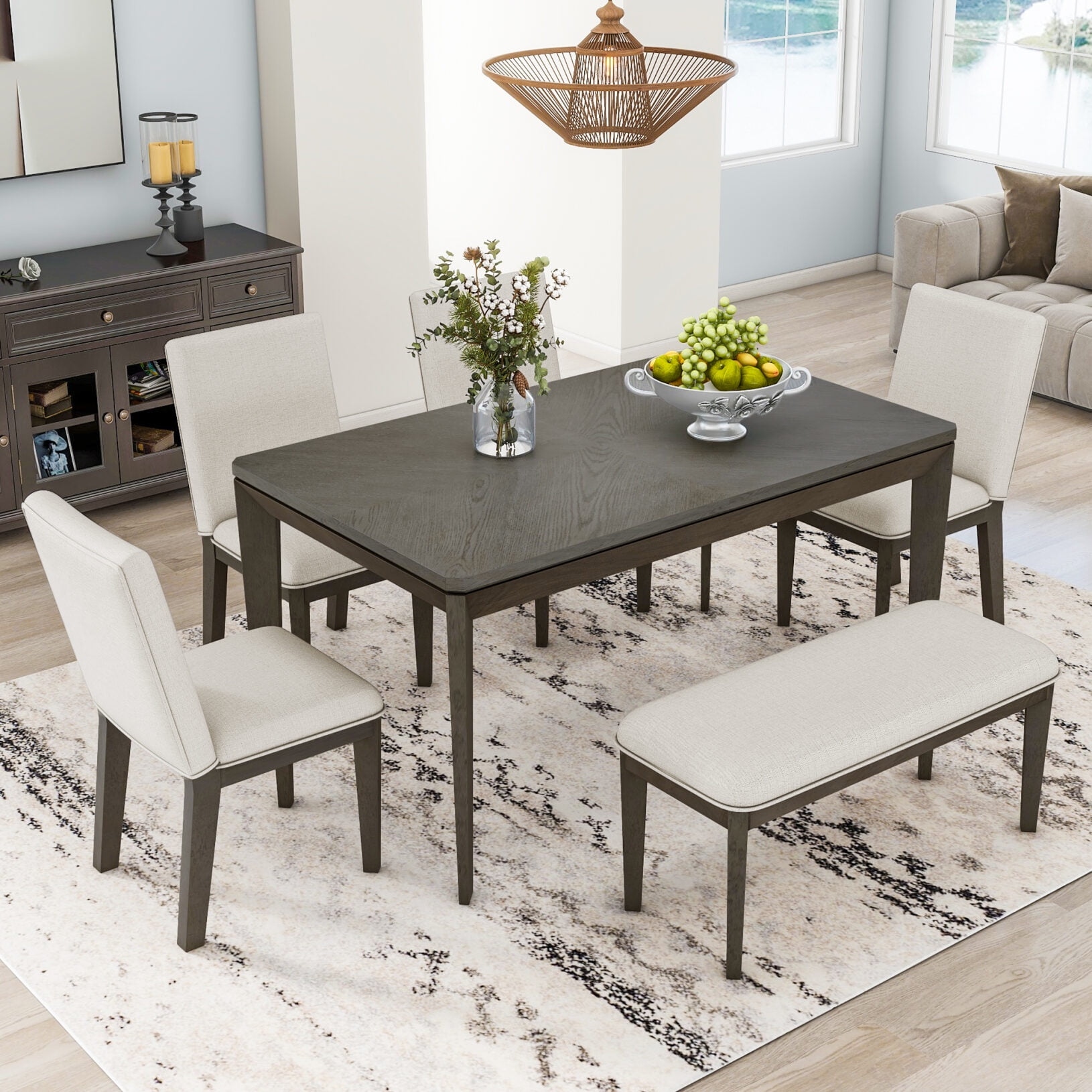 Retro Dining Table Set for 6, Rectangular Table with 4 Upholstered ...