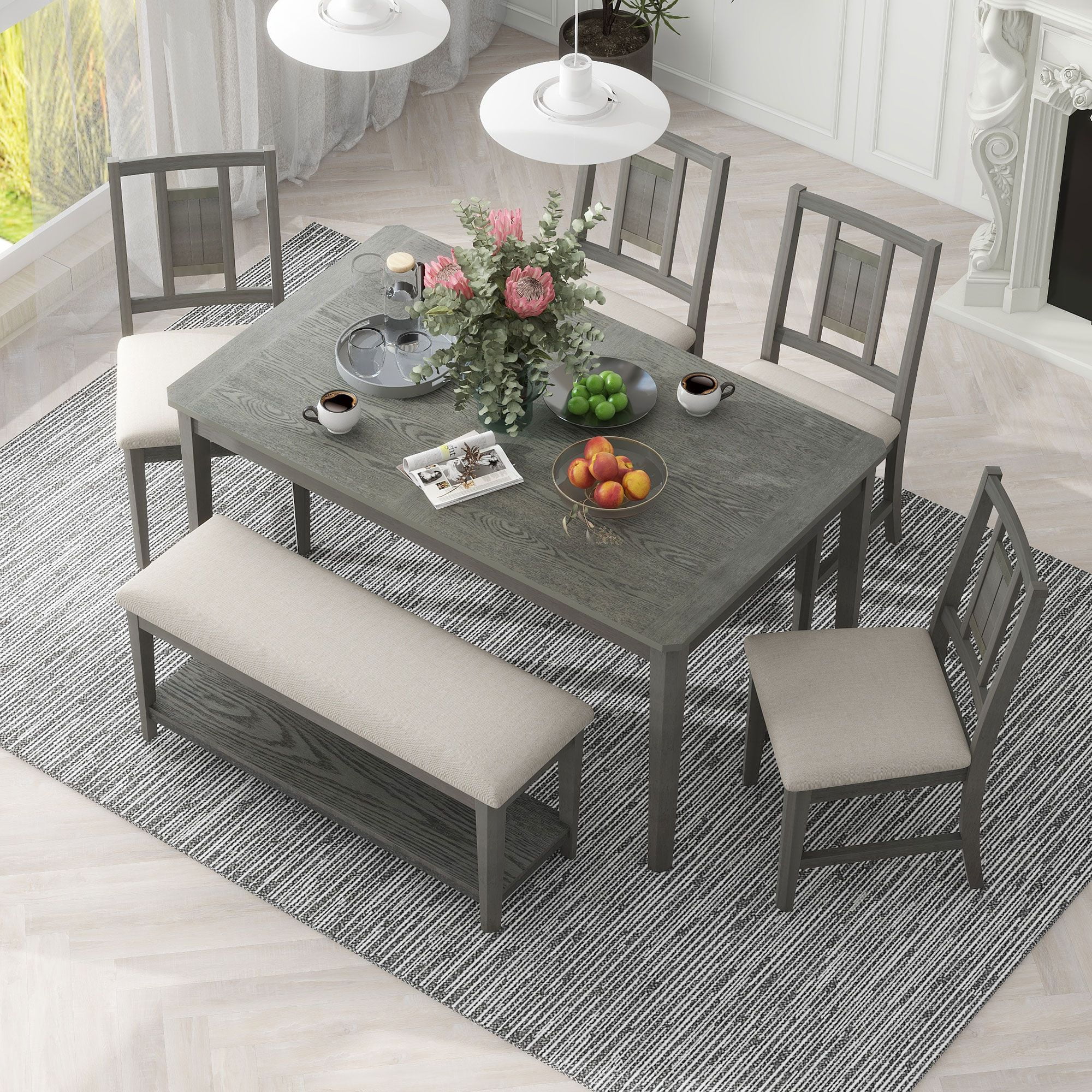 Retro Dining Table Set for 6 with Upholstered Dining Chairs and Bench ...