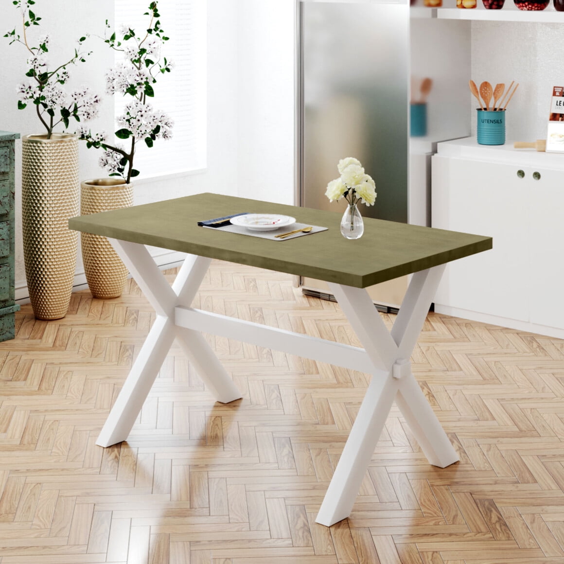 Retro Dining Table, Wooden Dining Table with Double X-shaped Legs ...