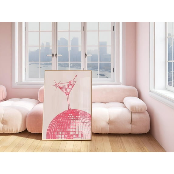 Retro Dirty Martini Wall Art, Disco Ball Print, Pink Yappy Hour Print ...