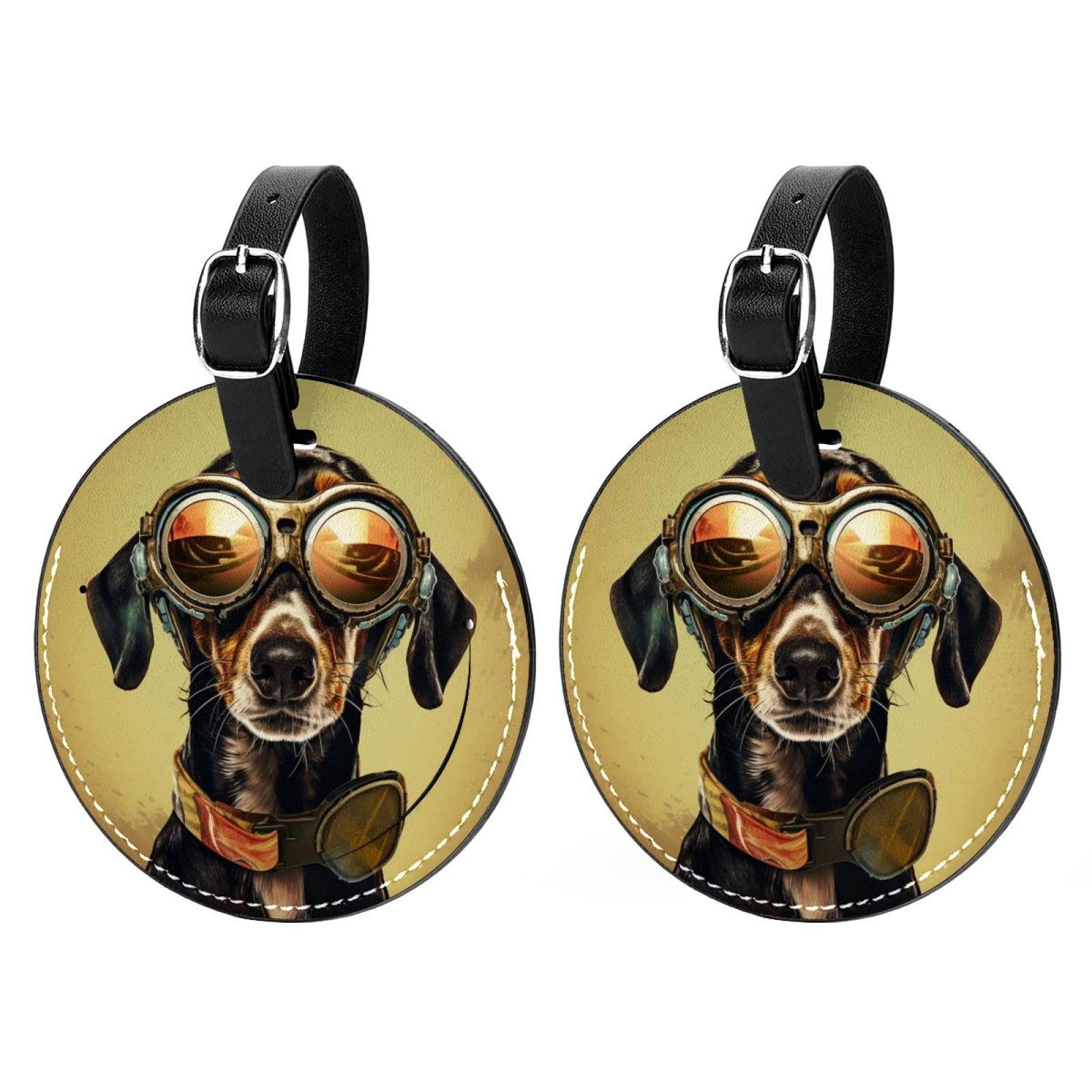 Retro Dog 2pcs PU Leather Round Bag Tags with Privacy Cover and Name ID ...