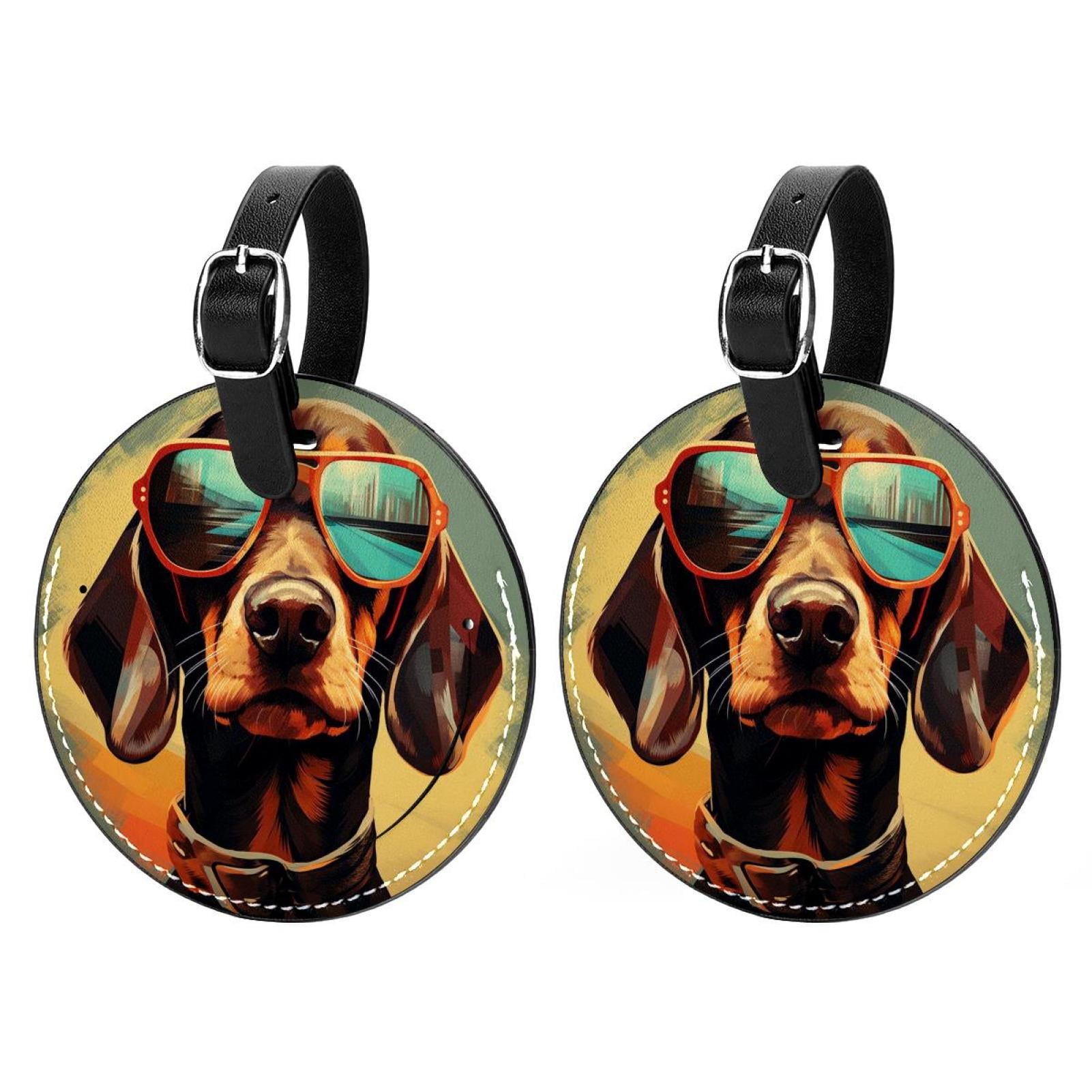 Retro Dog 2pcs PU Leather Round Bag Tags with Privacy Cover and Name ID ...