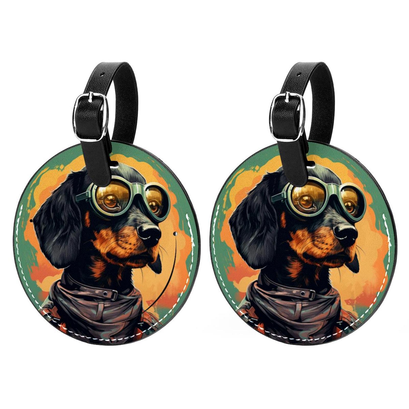 Retro Dog 2pcs PU Leather Round Bag Tags with Privacy Cover and Name ID ...