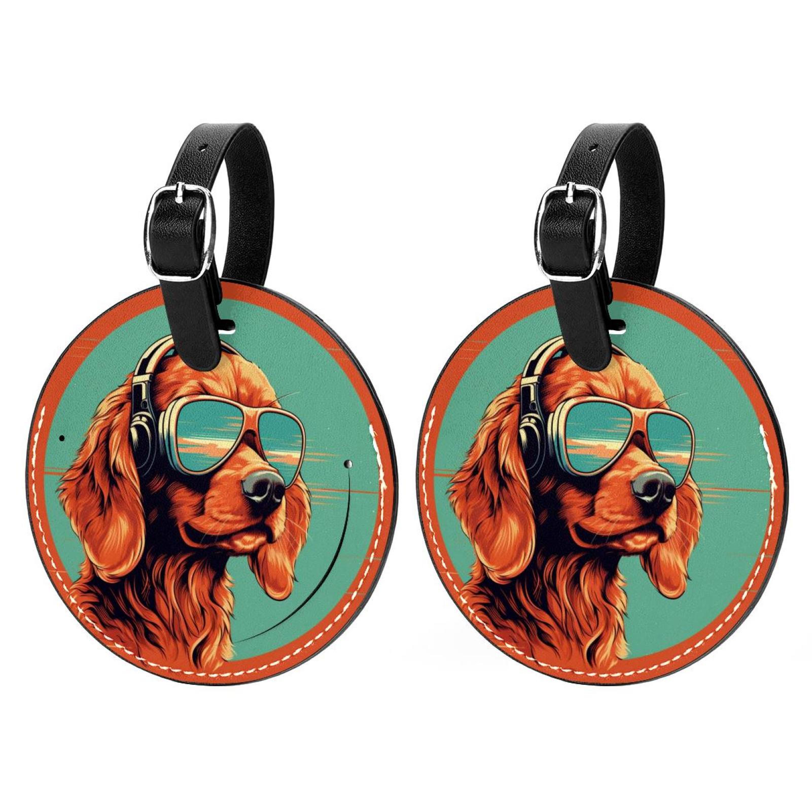 Retro Dog 2pcs PU Leather Round Bag Tags with Privacy Cover and Name ID ...