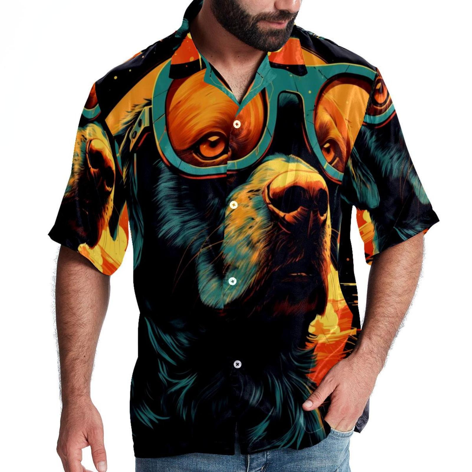 Retro Dog Men's Short Sleeve Printed Button Down Beach Shirt Casual Summer Unisex Tops with ...