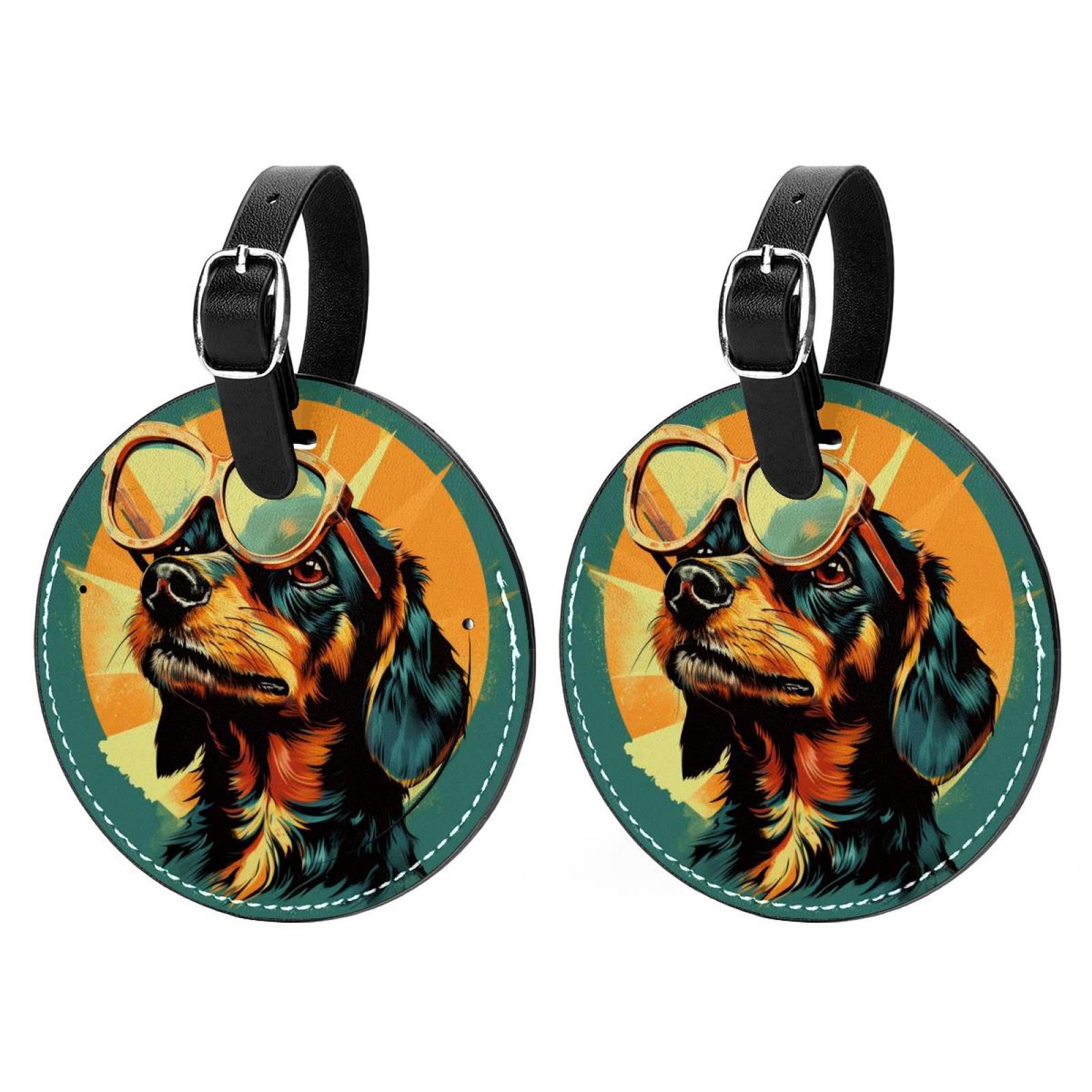 Retro Dog Set of 2pcs PU Leather Round Suitcase Tags with Privacy Cover ...
