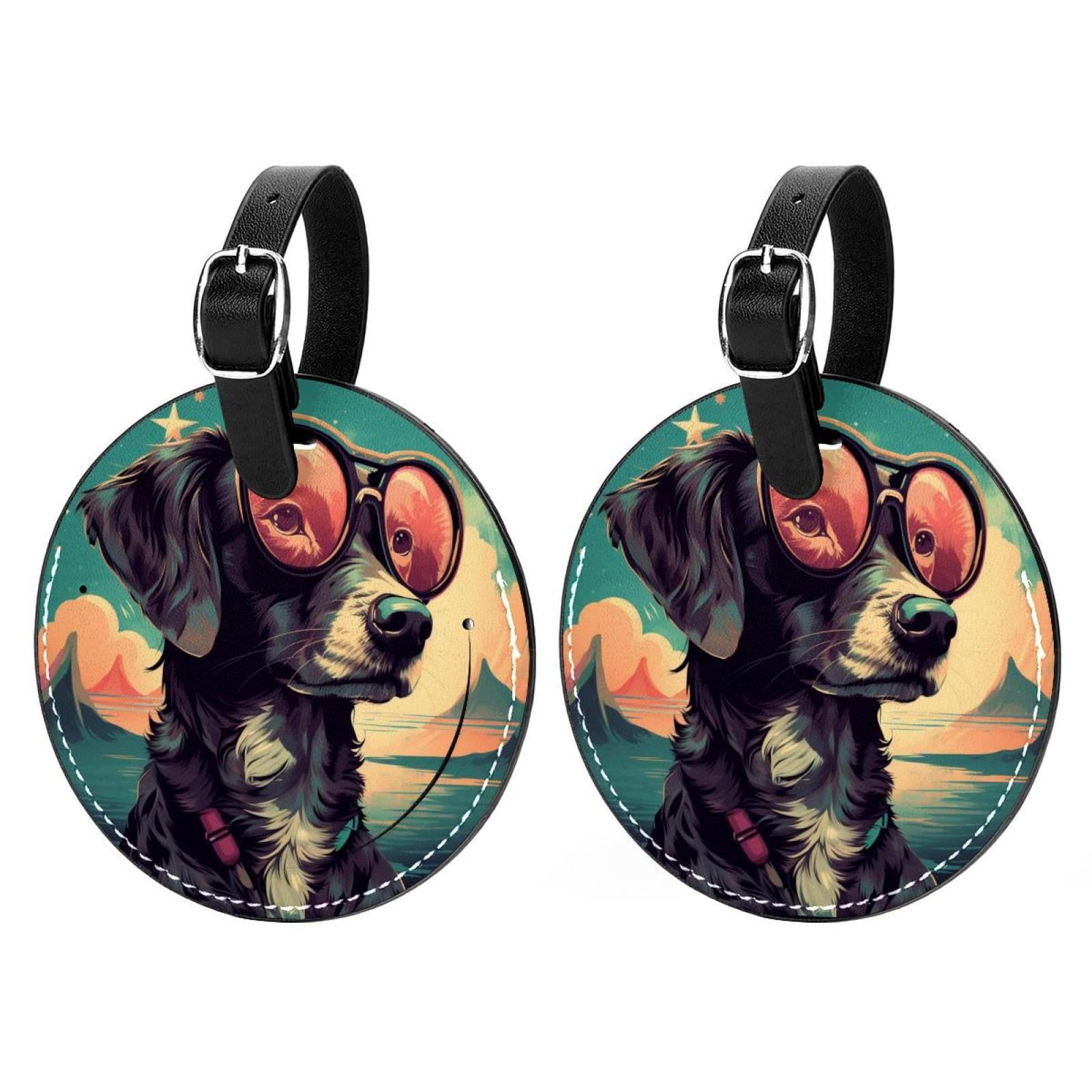 Retro Dog Set of 2pcs PU Leather Round Suitcase Tags with Privacy Cover ...