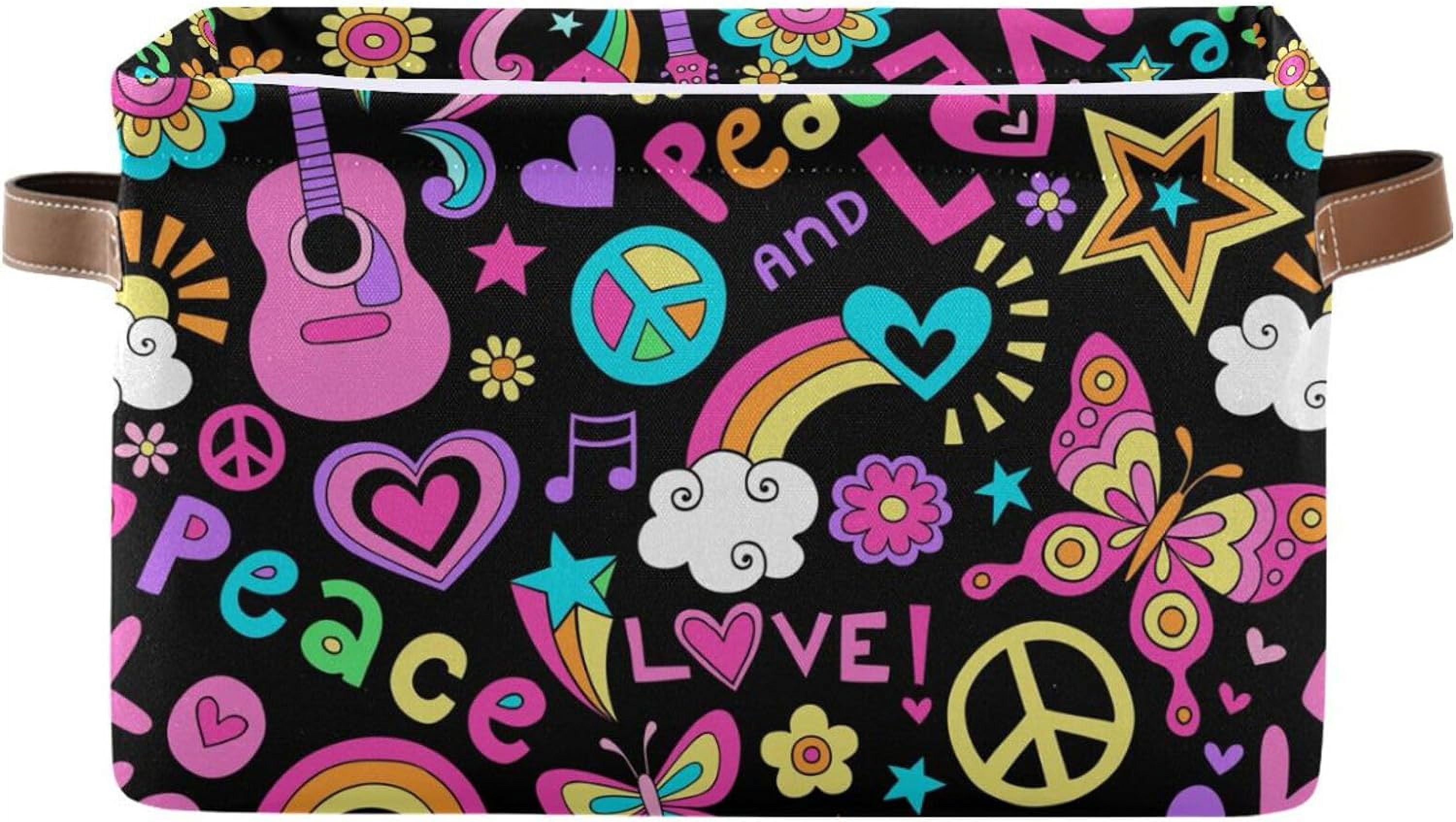 Retro Doodle Storage Basket, Durable Canvas Organizer With Handles ...