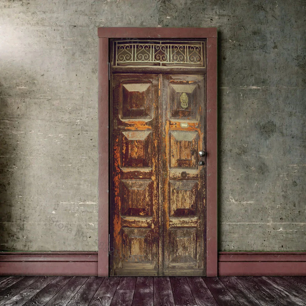 Retro Door Stickers Imitation Wood Doors Wallpaper 3D Self-Adhesive ...