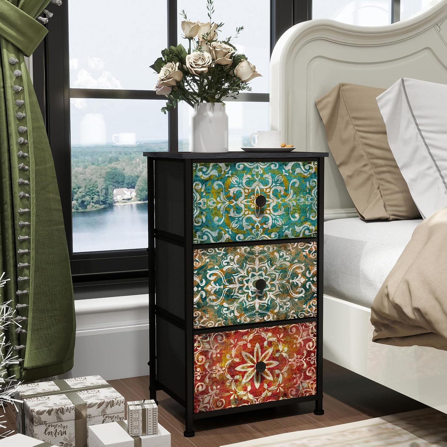 Retro Dresser with Fabric Drawers Boho Mandala Flower Chest of Drawers ...